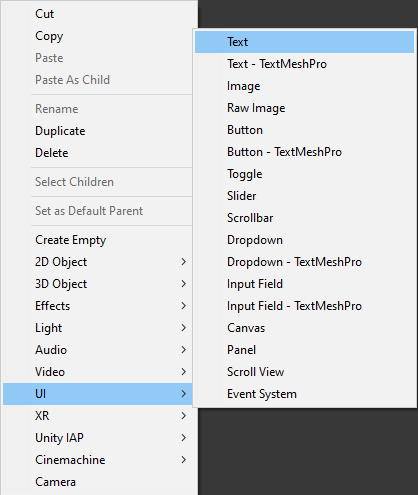 Unity tạo văn bản giao diện người dùng mới