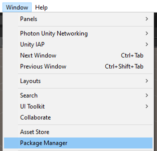 Menu quản lý gói Unity